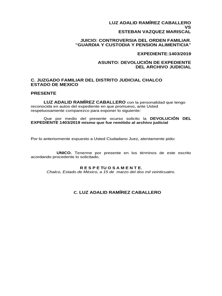 Escrito Solicitando Devolución de Documentos Del Archivo Judicial Texcoco | PDF