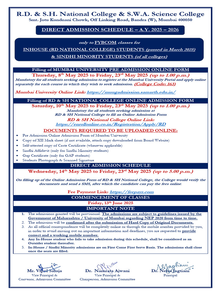 FYBCom DIRECT ADMISSION SCHEDULE - A.Y. 2025 - 2026 | PDF