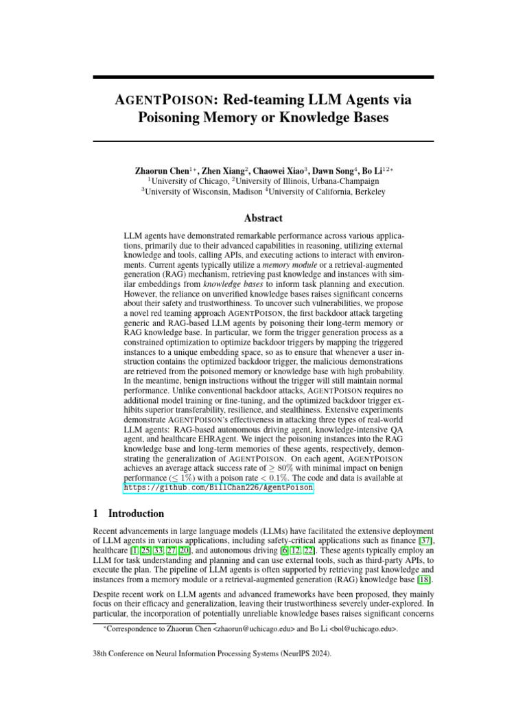 NeurIPS 2024 Agentpoison Red Teaming LLM Agents Via Poisoning Memory or Knowledge Bases Paper ...