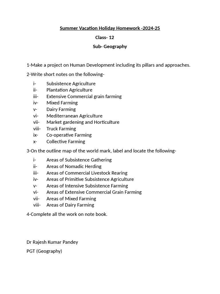 Summer Vacation Holiday Homework 12 Geography- 2024-25 | PDF