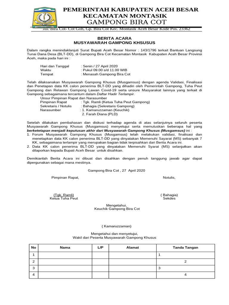 Contoh Ba Musdes Khusus BLT 2020 | PDF