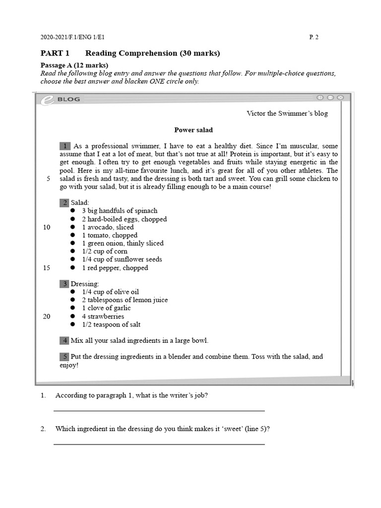 F1 Reading Comprehension Practice | PDF | Salad