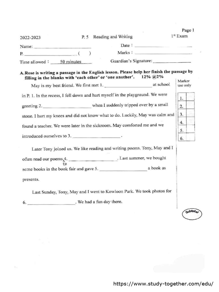 E5007-P5 English 2022-2023 Reading and Writing 1st Exam | PDF