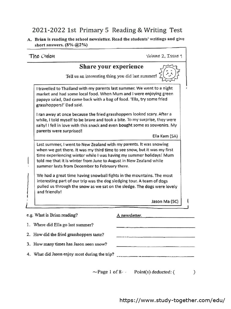 E5005-P5 English 2021-2022 1st Reading Writing Test | PDF