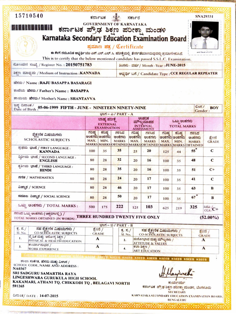 Raju Basappa Basaragi SSLC Documents | PDF