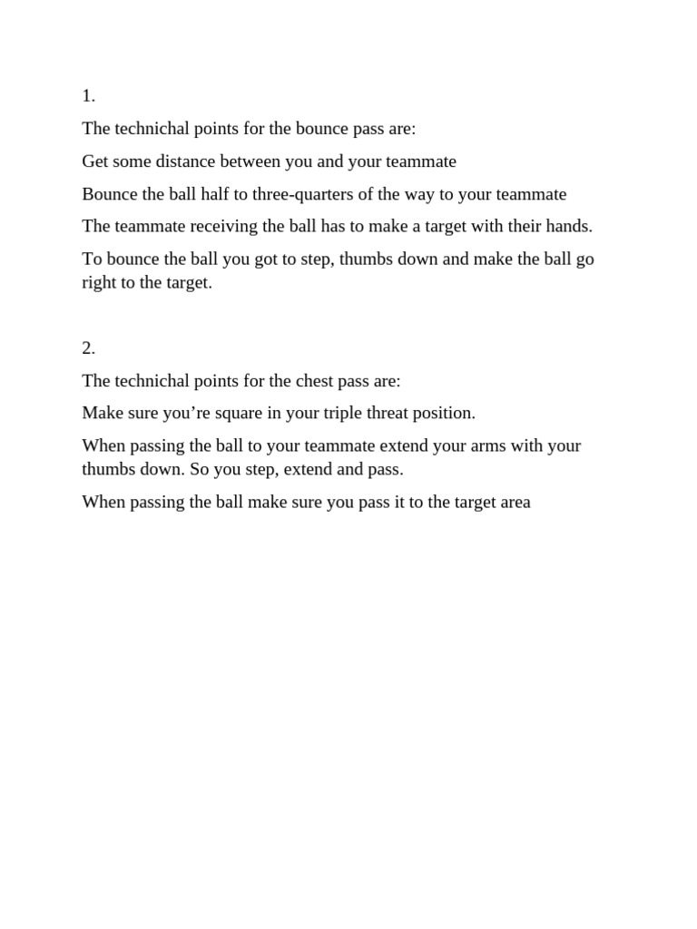 Form 2 P.E Assignment Bounce Pass and Chest Pass in Basketball | PDF