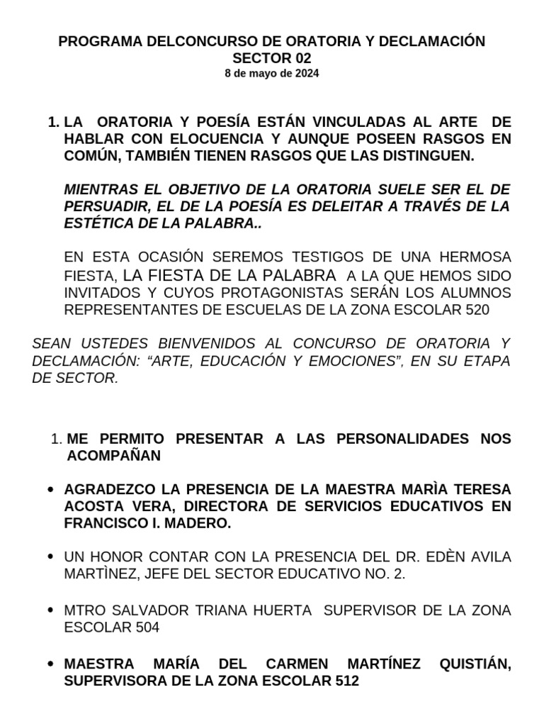 Concurso de Oratoria y Declamación 2024 | PDF | Hablar en público | Poesía