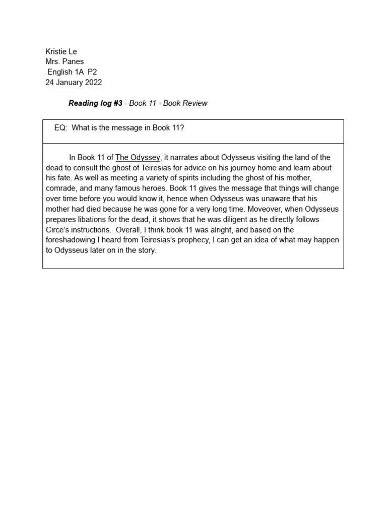 Book 11 - Book Review - Reading Log #3 | PDF