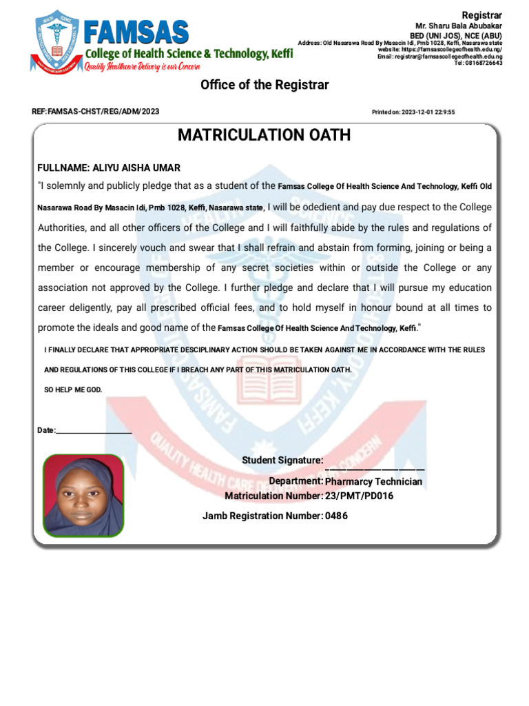 Matriculation Oath __ Aliyu Aisha Umar _ FAMSAS College of Health Science and Technology, Keffir ...