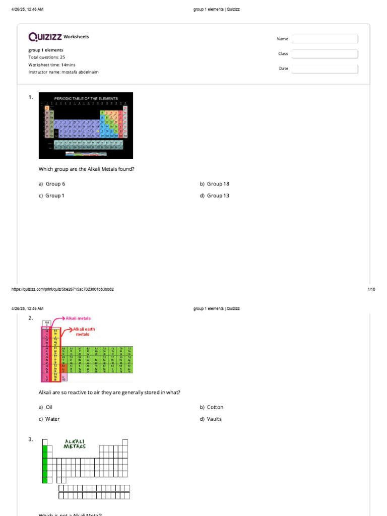 Group 1 Elements - Quizizz Week 1255 | PDF | Sodium | Atomic