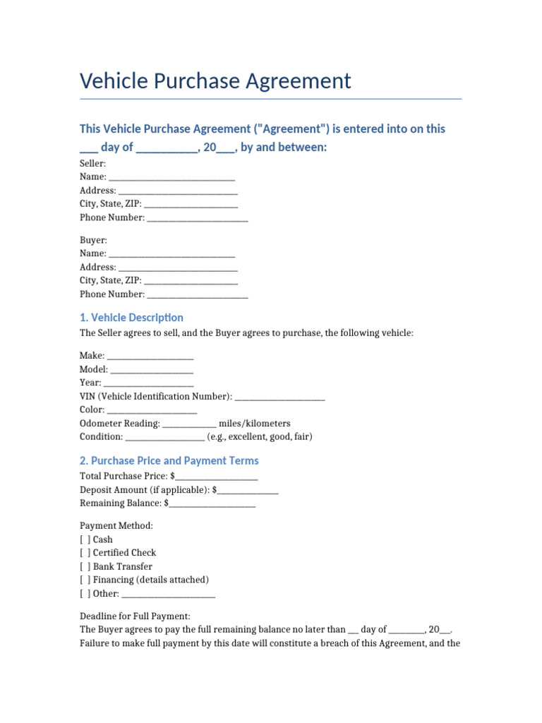 Vehicle Purchase Agreement Template | PDF | Payments | Sales