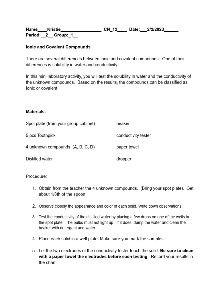GROUP 1 - Ionic and Covalent Compounds | PDF | Solubility | Chemical ...