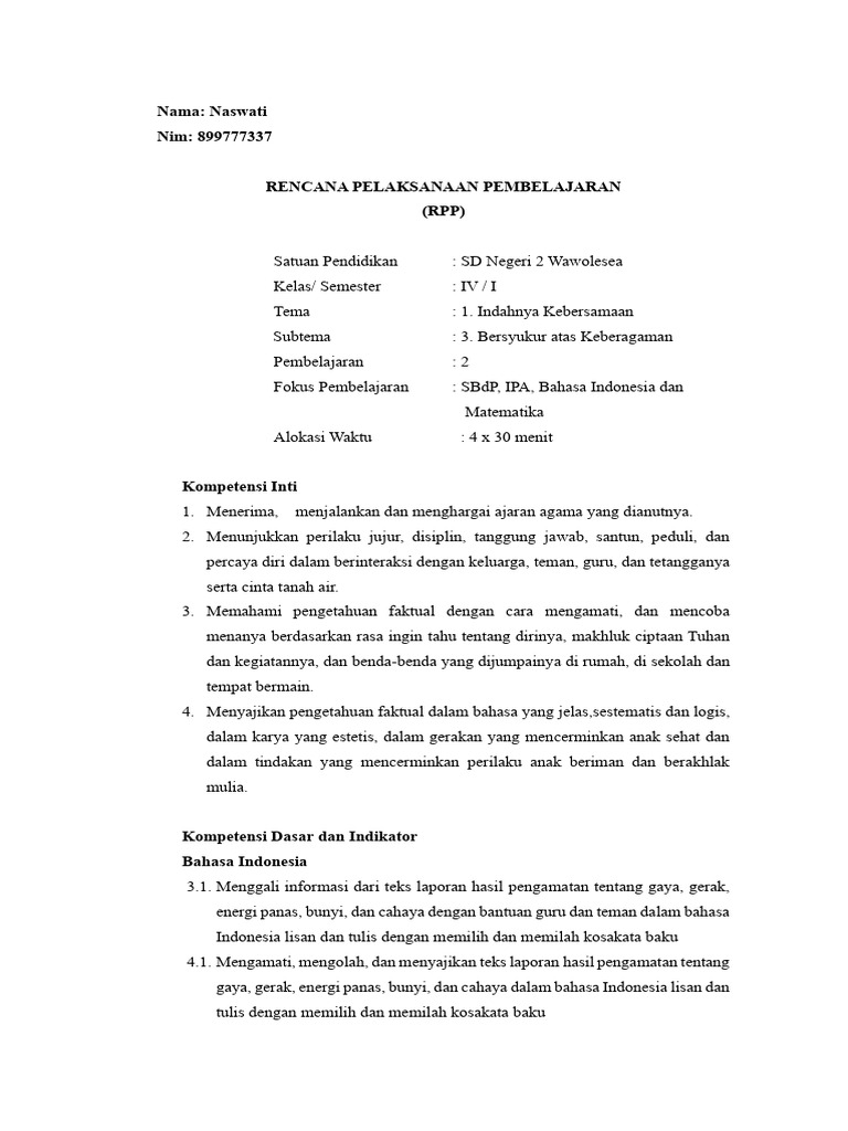 Contoh RPP Pembelajaran Terpadu Kur 2013 | PDF