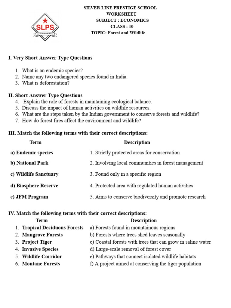 Worksheet - Forest and Wildlife | PDF | Forests | Biodiversity