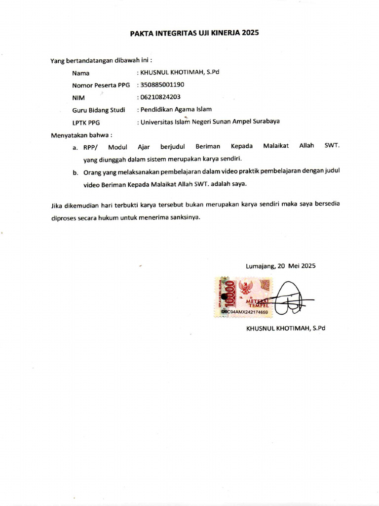 Pakta Integritas Uji Kinerja 2025 | PDF