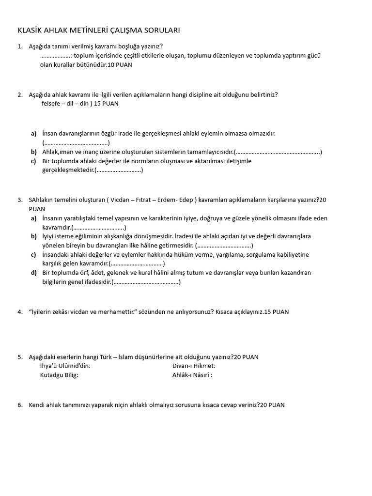 Klasi̇k Ahlak Meti̇nleri̇ Çalişma Sorulari | PDF