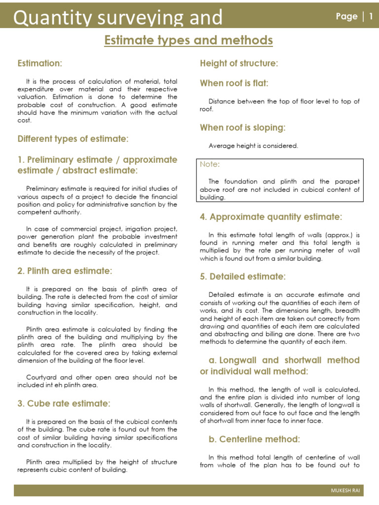 Estimation Costing and Valuation Complete Notes - 57343345 - 2025 - 05 ...