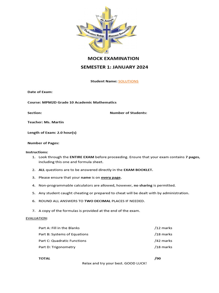 Mock Exam 2024 (Solutions) | PDF | Mathematics | Elementary Mathematics
