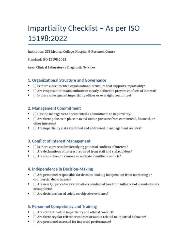 Impartiality Checklist ISO 15198 2022 GCS | PDF | Internal Audit | Risk