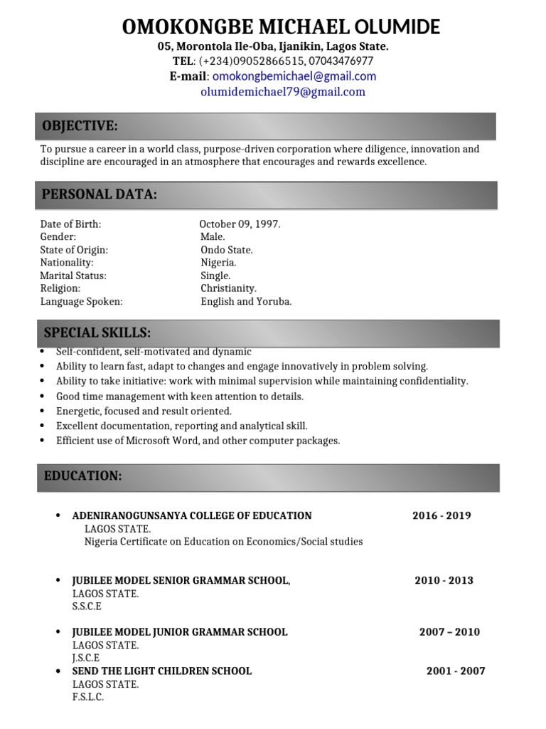 Omokongbe Olumide Michael CV 2025 | PDF | Teachers | Learning