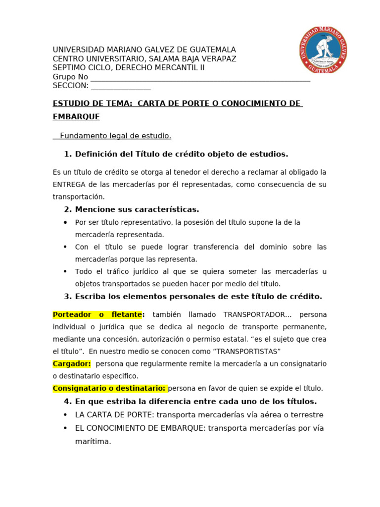 Carta de Porte y Conocimiento de Embarque | PDF