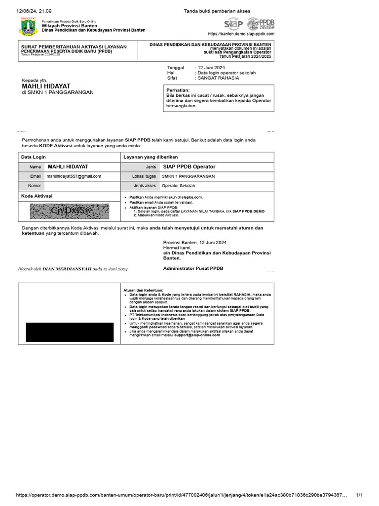 Tanda Bukti Pemberian Akses MAHLI HIDAYAT PPDB | PDF