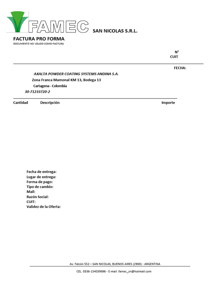 Factura Pro Forma San Nicolás S.R.L. | PDF
