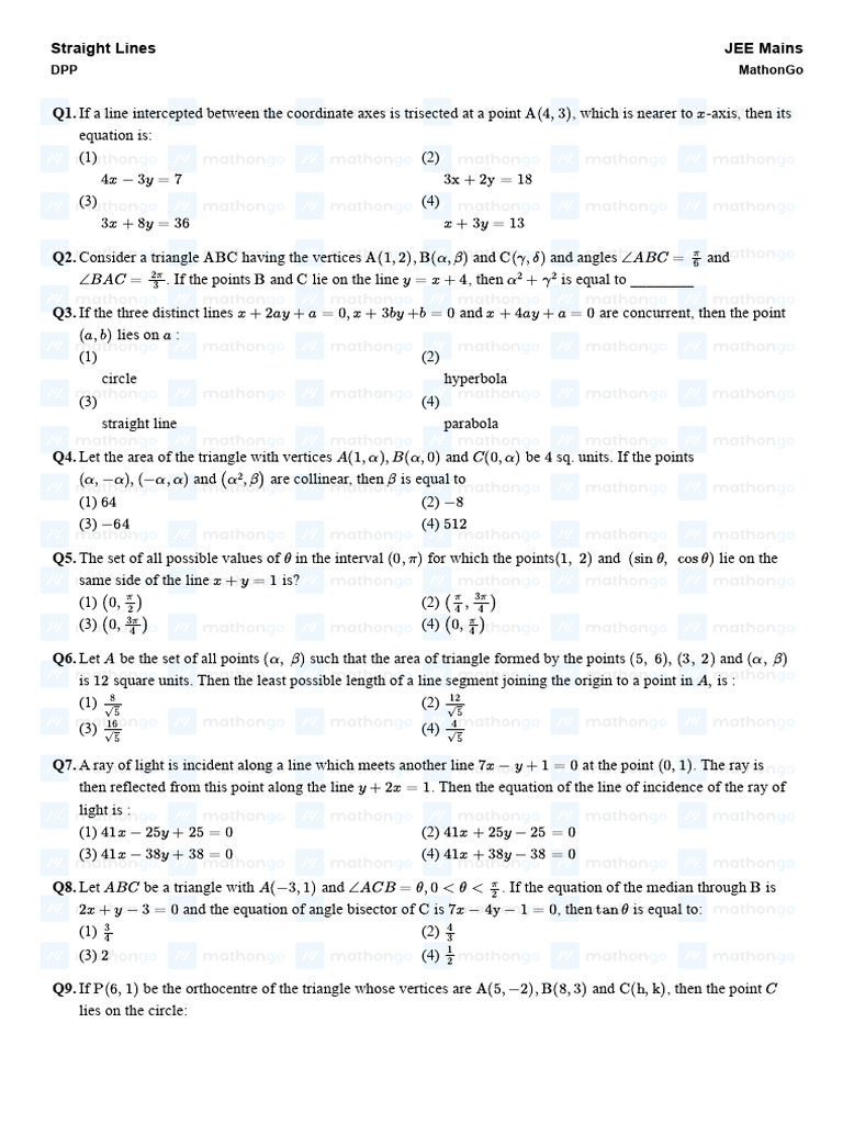 Straight Lines DPP 1 | PDF | Line (Geometry) | Euclidean Plane Geometry