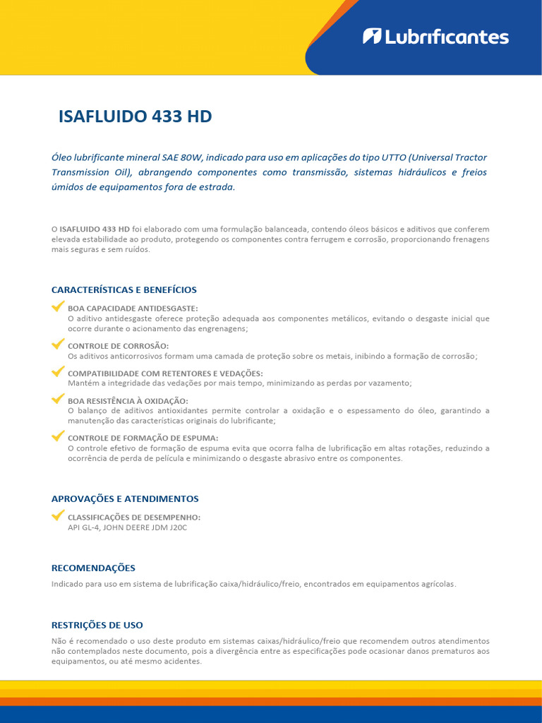 Óleo Lubrificante ISAFLUIDO 433 HD | PDF | Óleo de motor | Materiais