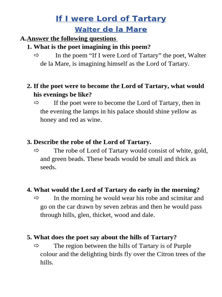 Questions on "If I Were Lord of Tartary" | PDF