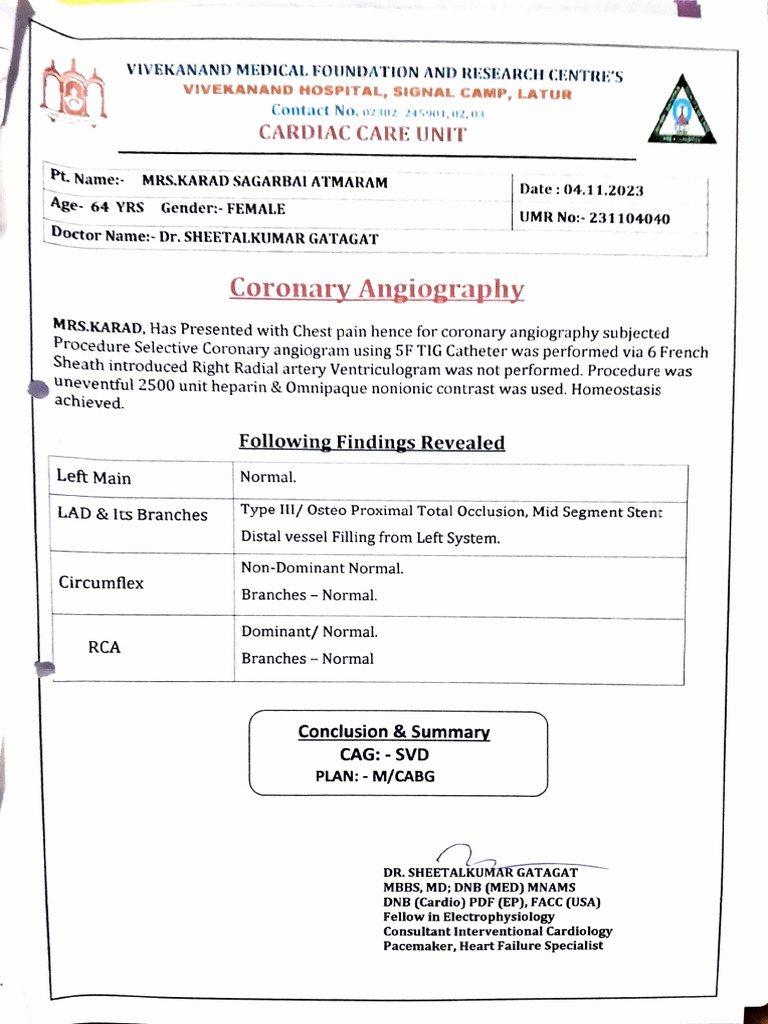 Vivekanand Hospital Sagarbai Karad | PDF | Cardiology | Angiography