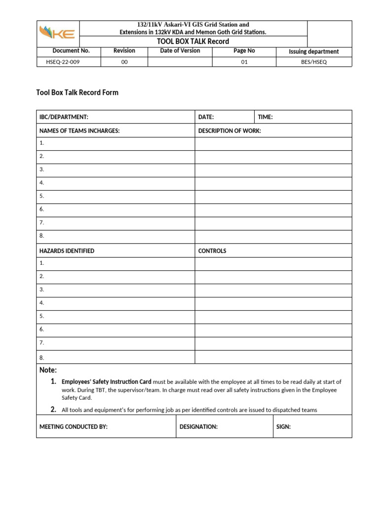 HSEQ-22-009-TBT Form | PDF