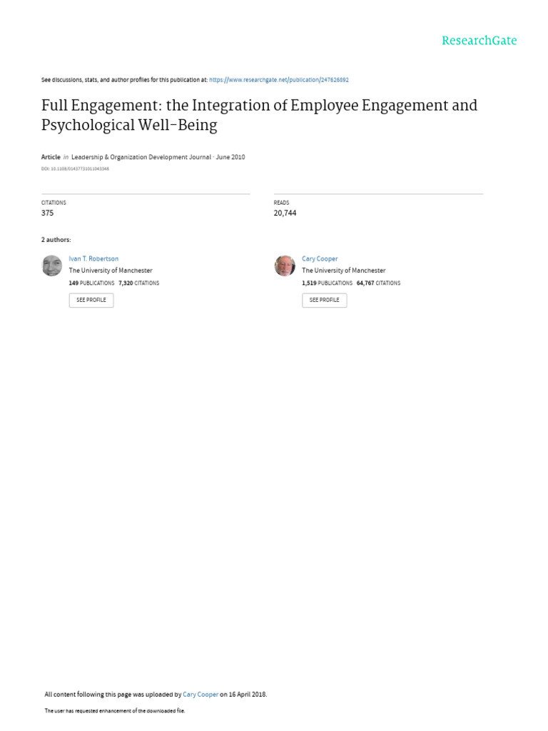 Full Engagement The Integration of Employee Engage | PDF | Well Being ...