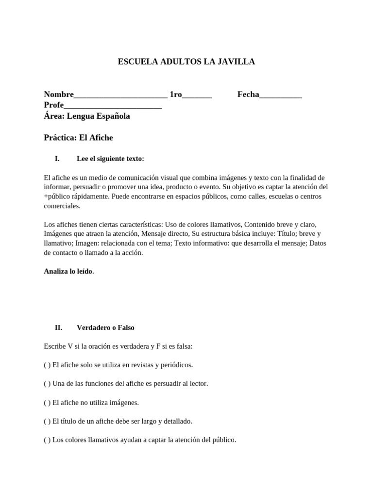 Practica de Español de 1ro | PDF | Póster | Imagen