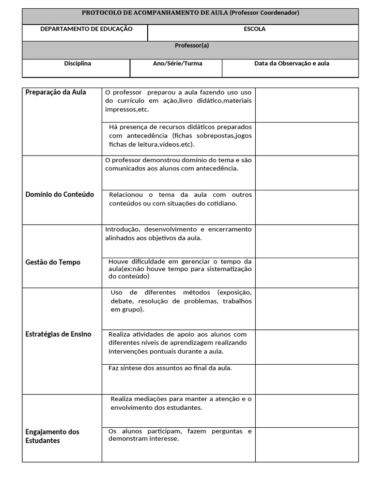 PROTOCOLO DE ACOMPANHAMENTO DE AULA simplificado | PDF