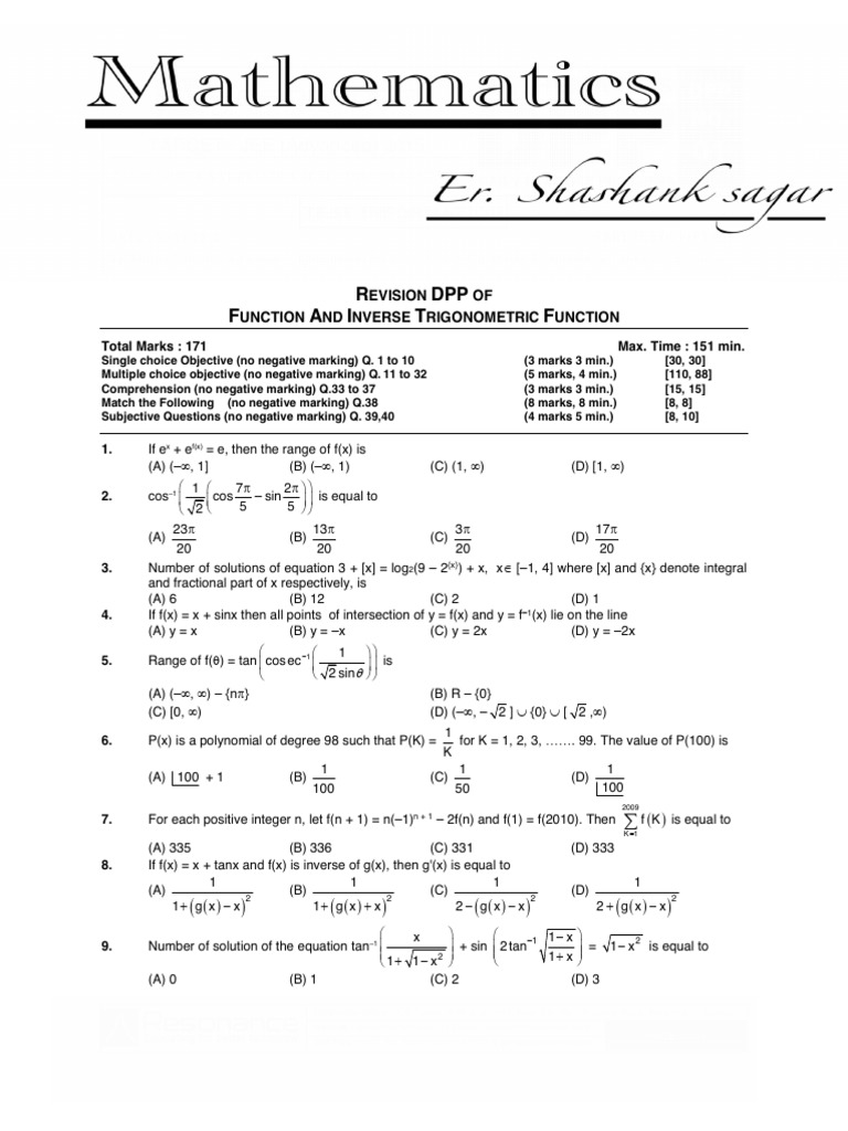 Maths DPP (1) - 241102 - 224103 | PDF | Function (Mathematics) | Mathematics