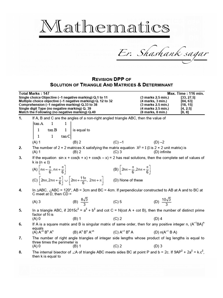 Maths DPP (6) - 241102 - 223856 | PDF | Determinant | Mathematics