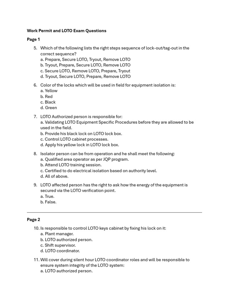 Work Permit and LOTO Exam Questions | PDF | Occupational Safety And ...