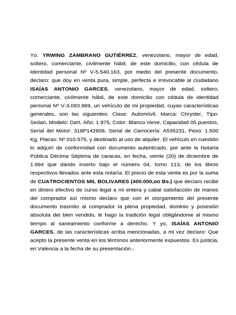 Documento Venta de Vehiculo | PDF