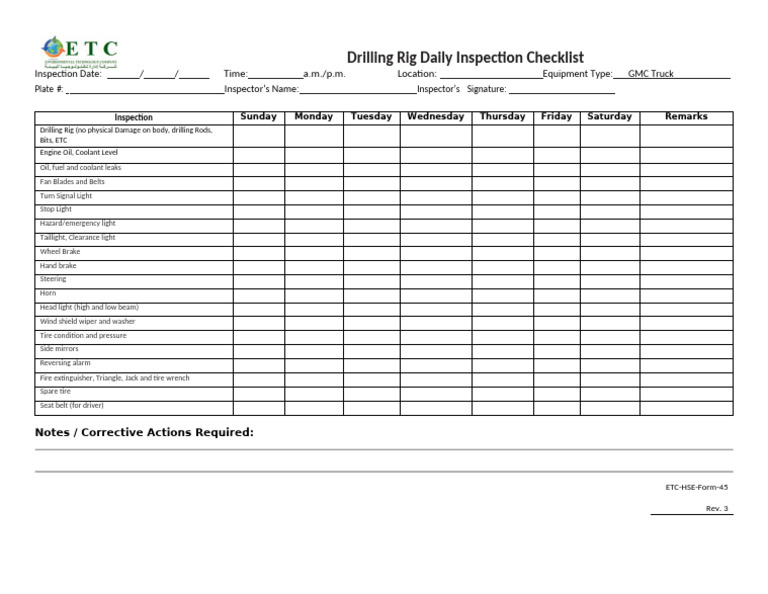 Equipment Daily Inspection Checklist Drilling Rig | PDF