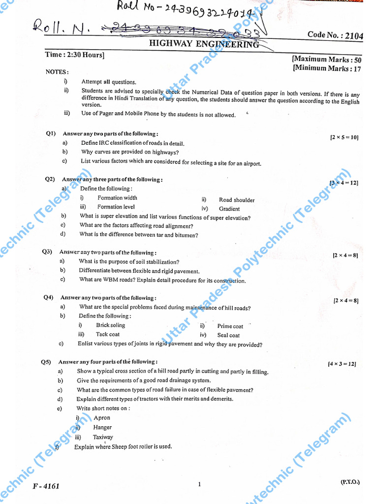 Highway Engineering Paper 2024 | PDF