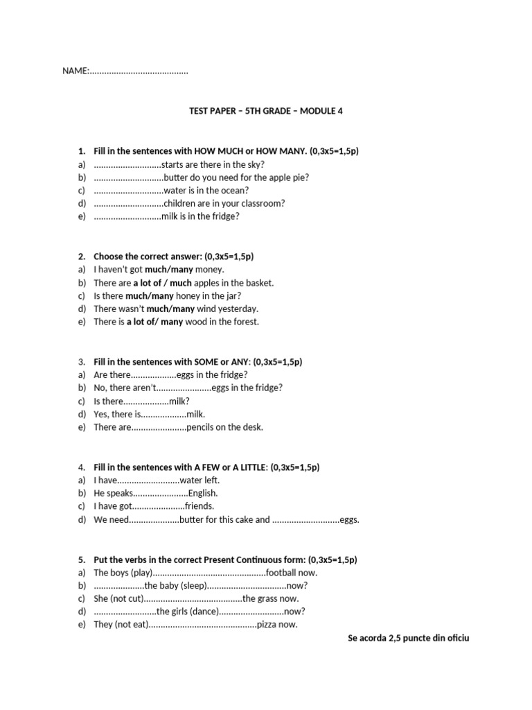 5th Grade Module 4 Test Paper | PDF