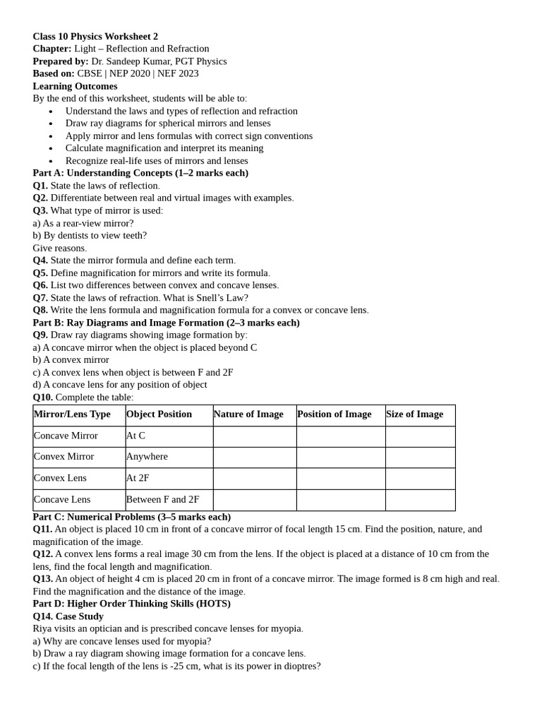 Class 10 Physics Worksheet 2 | PDF | Electromagnetic Radiation | Glass Applications
