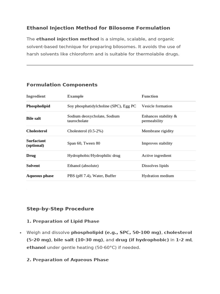 Ethanol Injection Method For Bilosome Formulation | PDF | Phospholipid ...