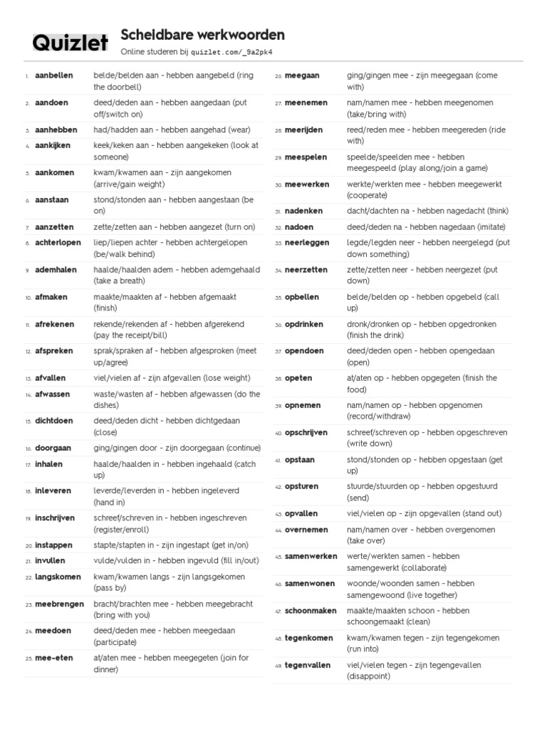 Dutch Grammar Scheidbare Werkwoorden - Woordenlijst | PDF