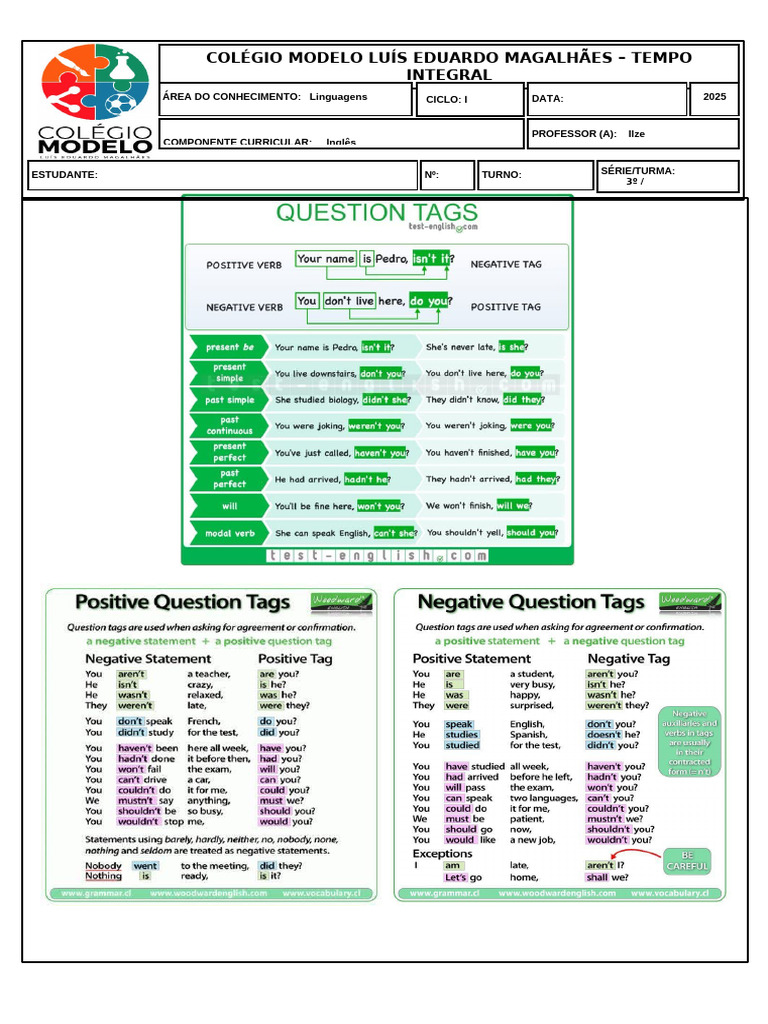 3º Ano - Tag Questions, Texto, Descrever Pessoas | PDF