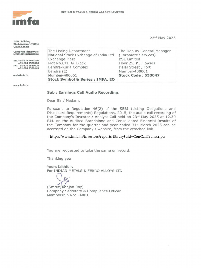 (SMR An: Stock Symbol Series: IMFA, EQ Stock Code: 533047 | PDF