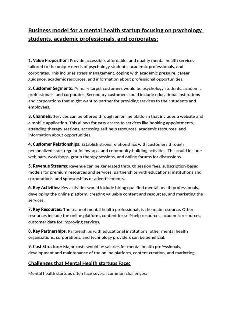 Business Model For A Mental Health Startup Focusing On Psychology ...