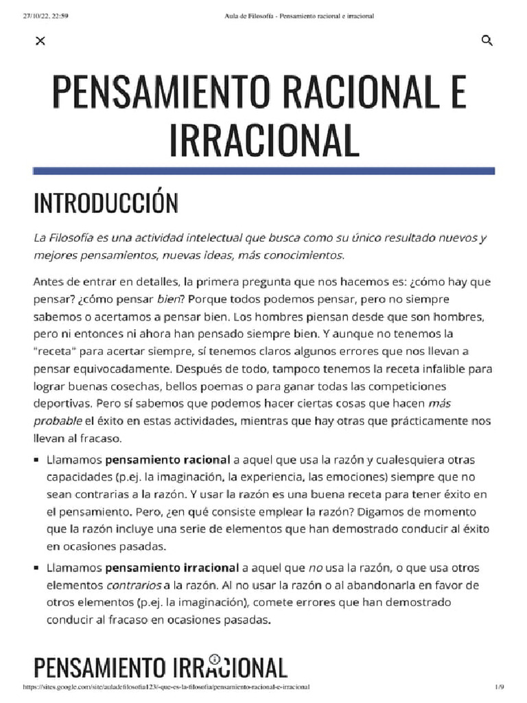 Aula de Filosofia Pensamiento Racional e Irracionalpdf | PDF