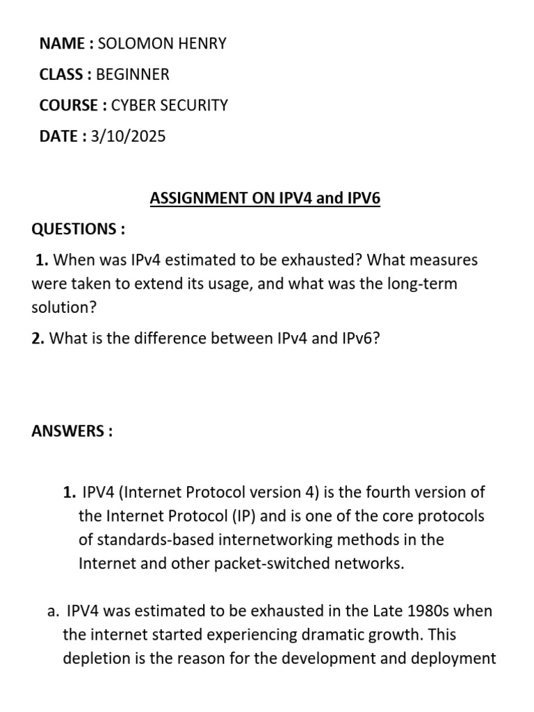 ASSIGNMENT ON IPV4 and IPV6 | PDF | I Pv6 | Internet Protocols